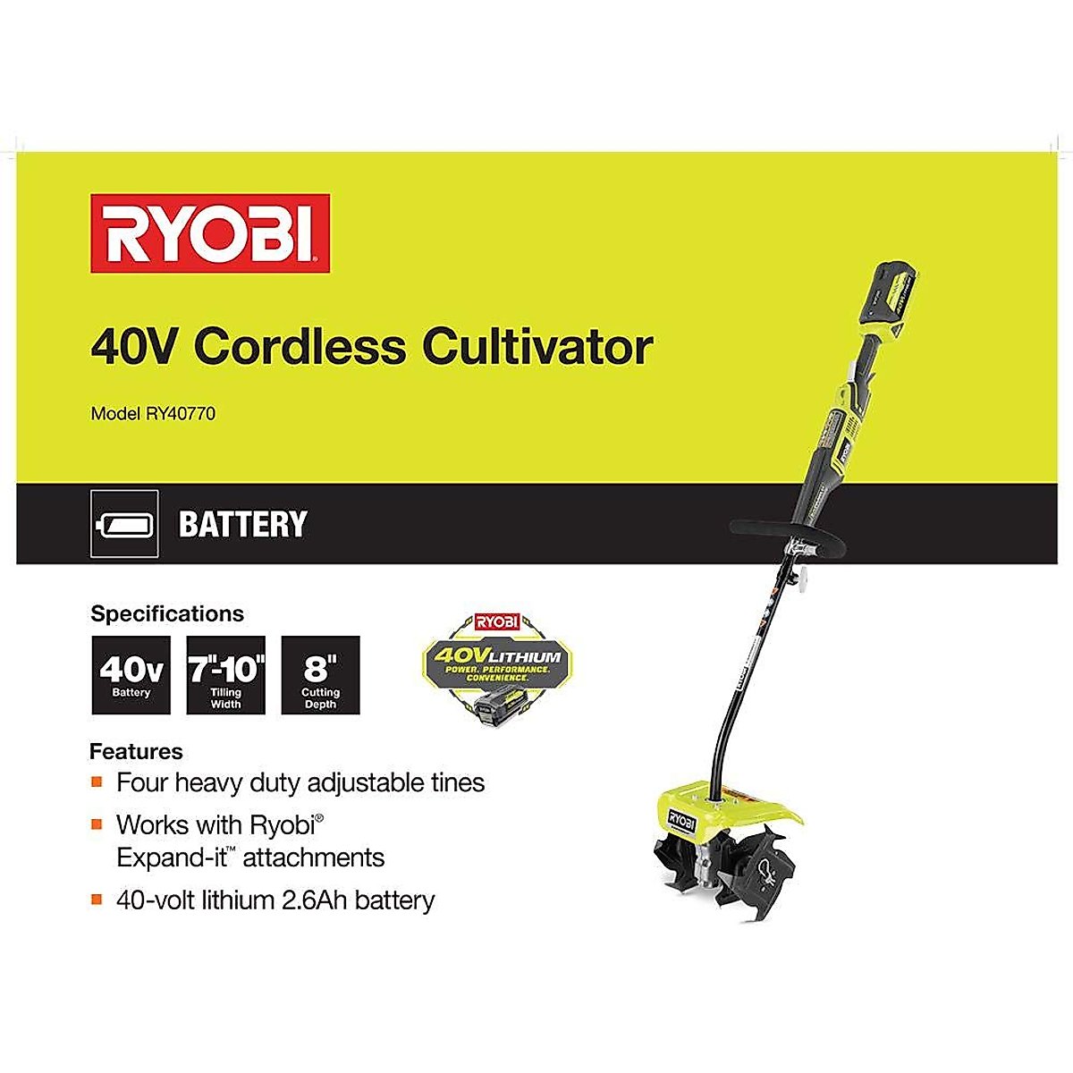 Ryobi 10 in. 40-Volt X Lithium-Ion Cordless Attachment Capable Cultivator