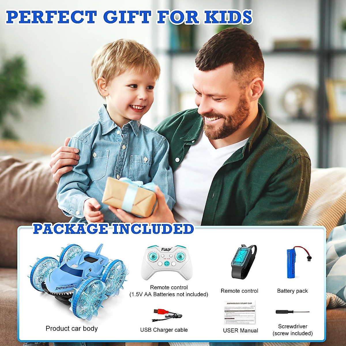 FUUY Amphibious Waterproof Remote Control Boat: RC Car Monster Truck with Lights 4WD Gesture Hand Controlled Water Beach Pool Toys Kids Gifts for Boys Pool Toys