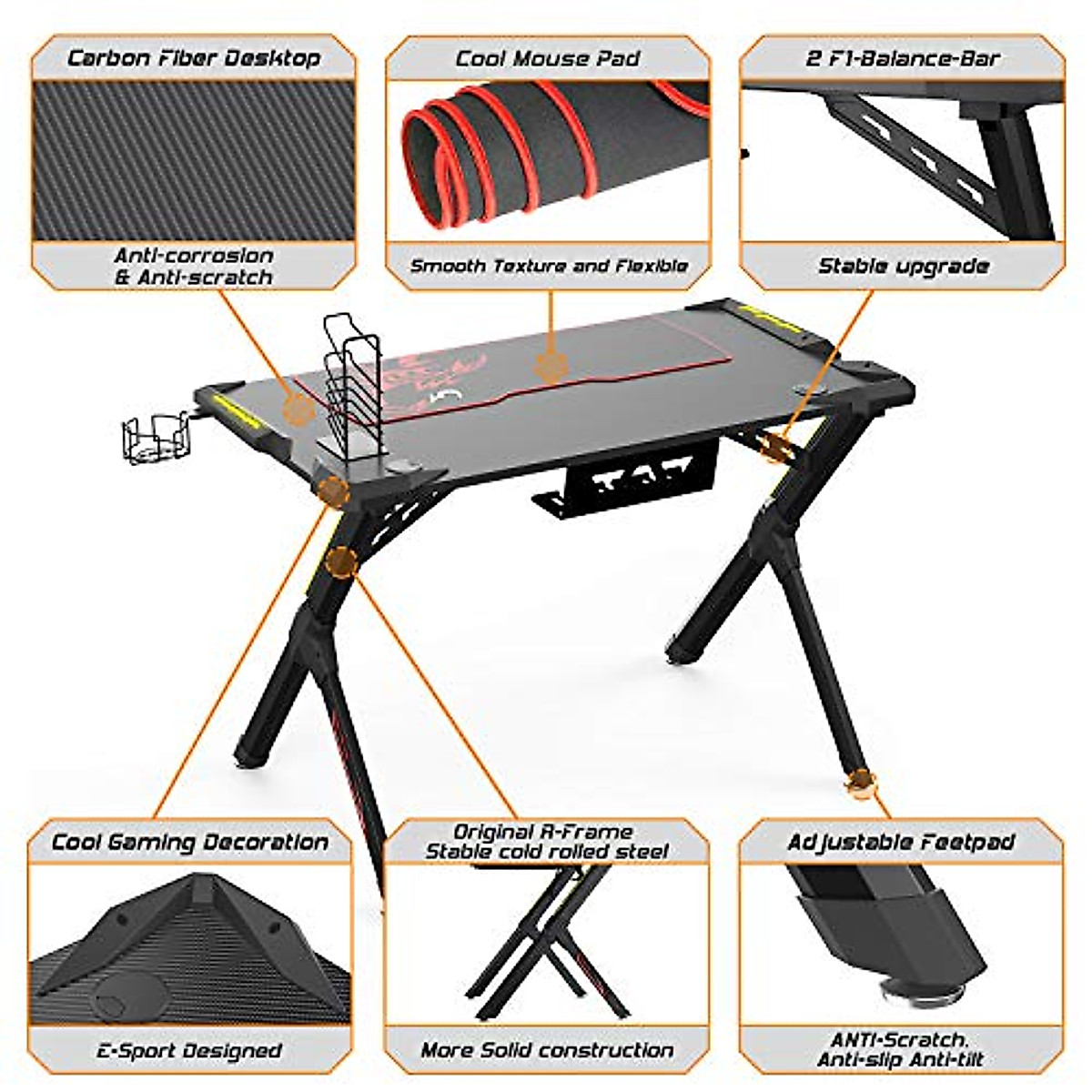 DESIGNA Gaming Desk with LED Lights, 44.8 inch Home Office Computer Desk with Free Mouse Pad, Ergonomic E-Sport Style Gamer Desk with USB Handle Rack, Cup Holder & Headphone Hook,Black