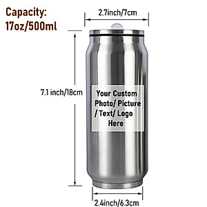 Custom 17oz Insulated Can Personalized Photo Picture Text or Logo Stainless Steel Double-walled Tumblers Great Gifts on Birthdays Father's Day Halloween Thanksgiving Christmas (Silver, Custom 17)