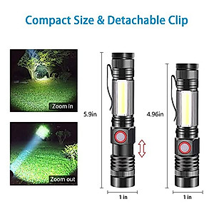 iToncs LED Rechargeable, 1000 Lumens Super Bright Magnetic Flashlight with COB Work Light, Waterproof, 4 Modes, Pocket Tactical Flashlights for Outdoor Camping Emergency 2 Pack No Battery