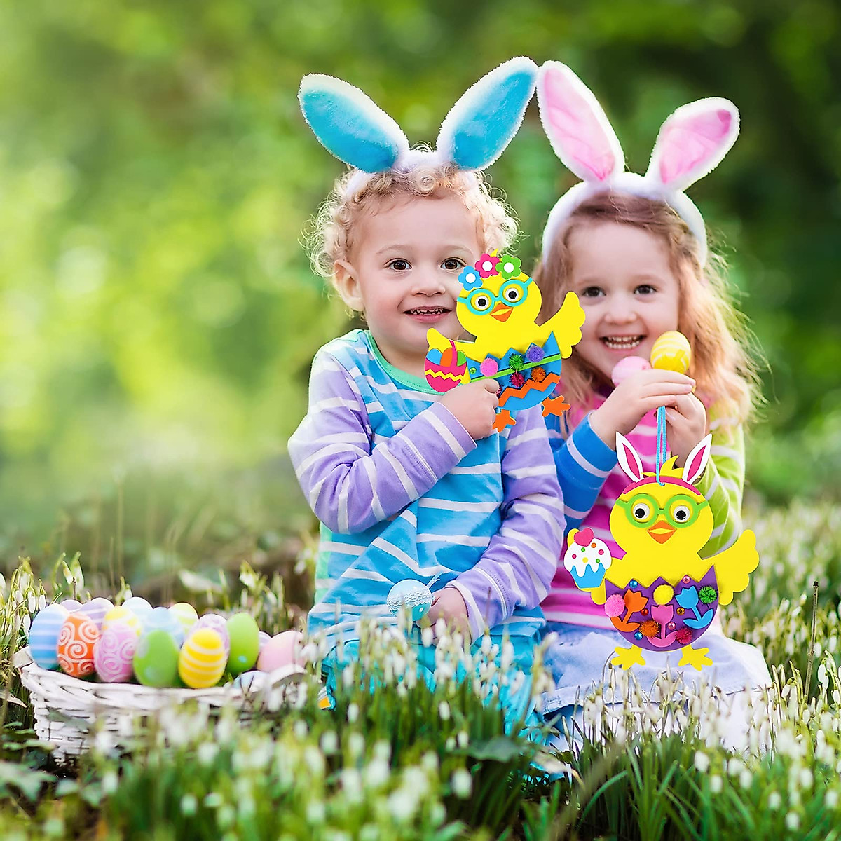 Winlyn 24 Sets Easter Decorations DIY 3D Chick Hatching from Egg Ornaments Easter Craft Kits Foam Easter Stickers Pom-poms Googly Eyes for Kids Party Favors Spring Classroom Activity Art Project