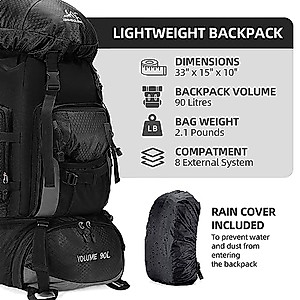 Unineovo 90L Camping Hiking Backpack for Women Men, Rainproof Travel Backpack with Rain Cover for Hiking (Black)