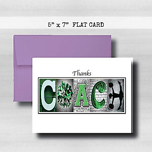 Personalized Cheerleading Green Coach Thank You Card, 5"x 7" FLAT CARD, Greeting Cards