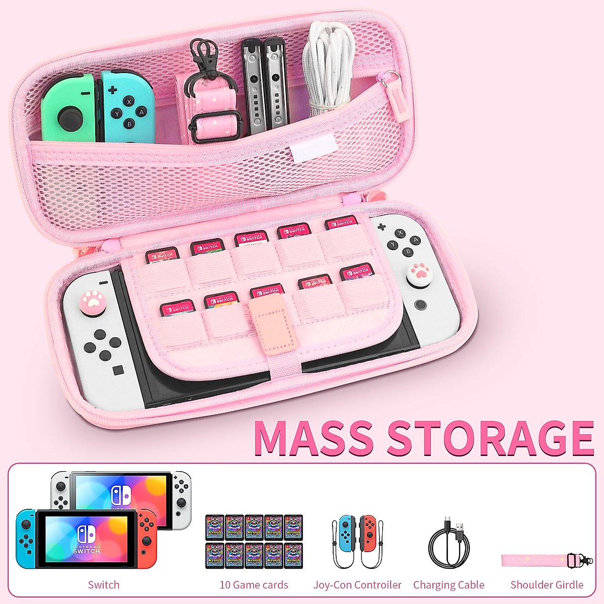 FUNDIARY Cute Bunny Carrying Case for Nintendo Switch and Switch OLED, Pink Portable Travel Case Built-in 10 Game Card Slots for Switch Console Joycon & Accessories with Shoulder Strap and 2 Thumb Cap