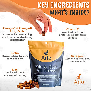 Arlo Pet Supplies Skin and Coat Supplement for Dogs, 60 Soft Chews, Omega 3 Fatty Acids, DHA, Vitamins E and C, Restore Soft, Shiny Hair and Diminish Irritation, Made in USA