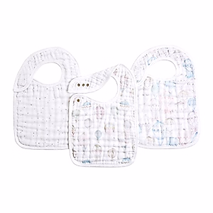 aden + anais 100% Cotton Muslin Snap Bib – Super Absorbent, Soft 3-Layer Baby Bib for Boys & Girls with Adjustable Snap-Closure for Teething, Eating, Drooling, 3-Pack, Above the Clouds