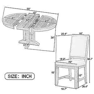 POCIYIHOME 4 Upholstered Farmhouse Round 16" Leaf, Set of 5, Family Chair Restaurant, Kitchen (Natural Wood Wash), 5 Piece Extendable Dining Table Set