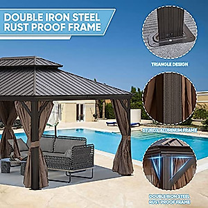 12x16FT Hardtop Gazebo Canopy,Outdoor Gazebo with Galvanized Steel Double Roof,Patio Hot Tub Backyard Sun Shade Canopy with Netting,Luxury Backyard Canopy Tent for Patio,Garden, Deck, Lawn