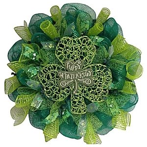 Happy St Patrick's Day Glittering Shamrock Wreath Handmade Deco Mesh 24 inch or 28 inch diameters