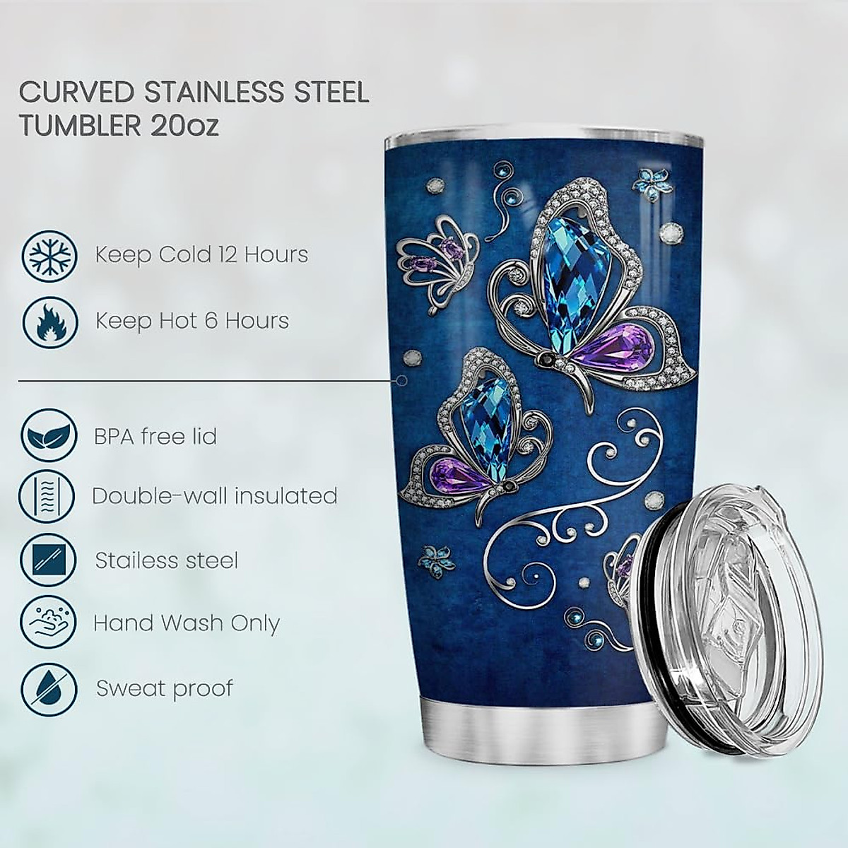 Wassmin Butterfly Tumbler Butterflies Gift For Women Girls Teen Jewelry Drawing Style Stainless Steel Insulated Tumblers 20oz Coffee Travel Mug Cup With Lid Birthday Christmas Presents