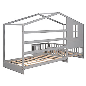 L Shaped Bed Frame with Roof, Twin Corner Bed House Bed for Kids, Solid Wood Twin Platform Bed Frame for 2 People (Twin Size, Gray)