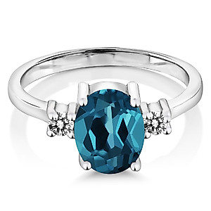 Gem Stone King 925 Sterling Silver Oval London Blue Topaz and White Diamond Ring For Women (1.93 Cttw, Gemstone Birthstone, Available In Size 5, 6, 7, 8, 9)