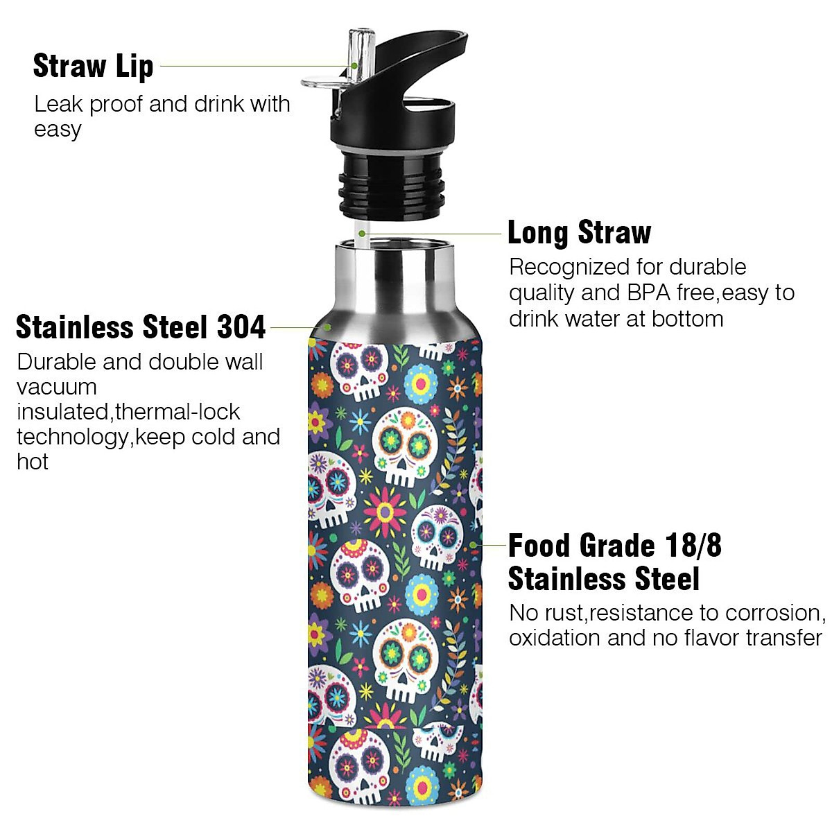 Sugar Skulls Water Bottle with Straw Lid Double Wall Daisy Thermos Bottle Vacuum Insulated Flask Stainless Steel Water Bottle for Gym Outdoor 20 OZ