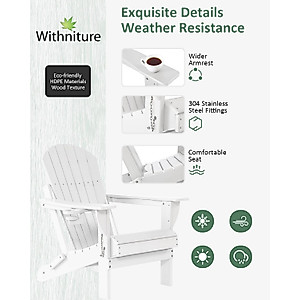 Withniture Folding Adirondack Chairs, HDPE Adirondack Chair Wood Texture Plastic Adirondack Chairs with Cup Holder, Weather Resistant Fire Pit Chairs for Backyard Deck, White