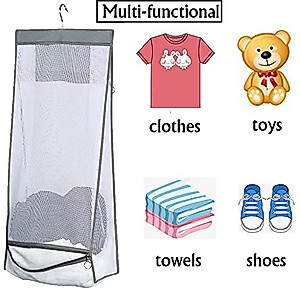 Jelier Hanging Mesh Laundry Basket,Collapsible Fabric Laundry Hamper with Rotatable Hanger,Portable Storage Bag for Apartment,RV,Camper,Cabin,College Dorm Use (gray)