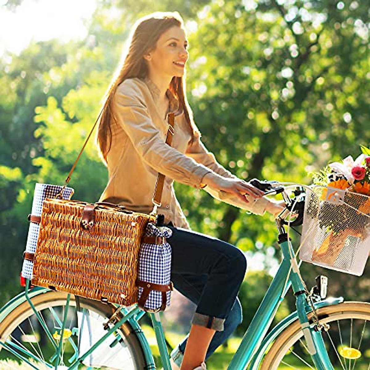 Greenstell Wicker Picnic Basket Sets for 2 Persons with High Sealing Insulation Layer,Waterproof Picnic Mat, Removable Strap and Wine Bag, Tableware, Picnic Basket for Family,Party,Outdoor,Camping