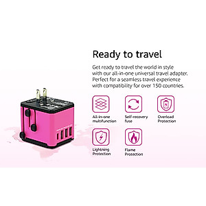 Travel Adapter, Universal Wall Charger AC Plug Adaptor with 3.6A Smart Power and 3.0A USB Type-C for USA EU UK AUS (Pink)