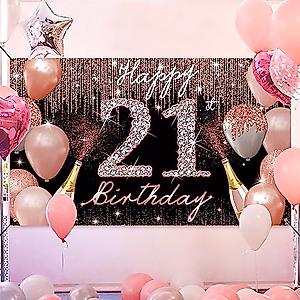 Happy 21st Birthday Backdrop Banner, 21st Birthday Decoration for Her Rose Gold, 21 Year Old Birthday Party Yard Sign Photo Booth Props Background Poster, 21 Bday Decor, Fabric, PHXEY