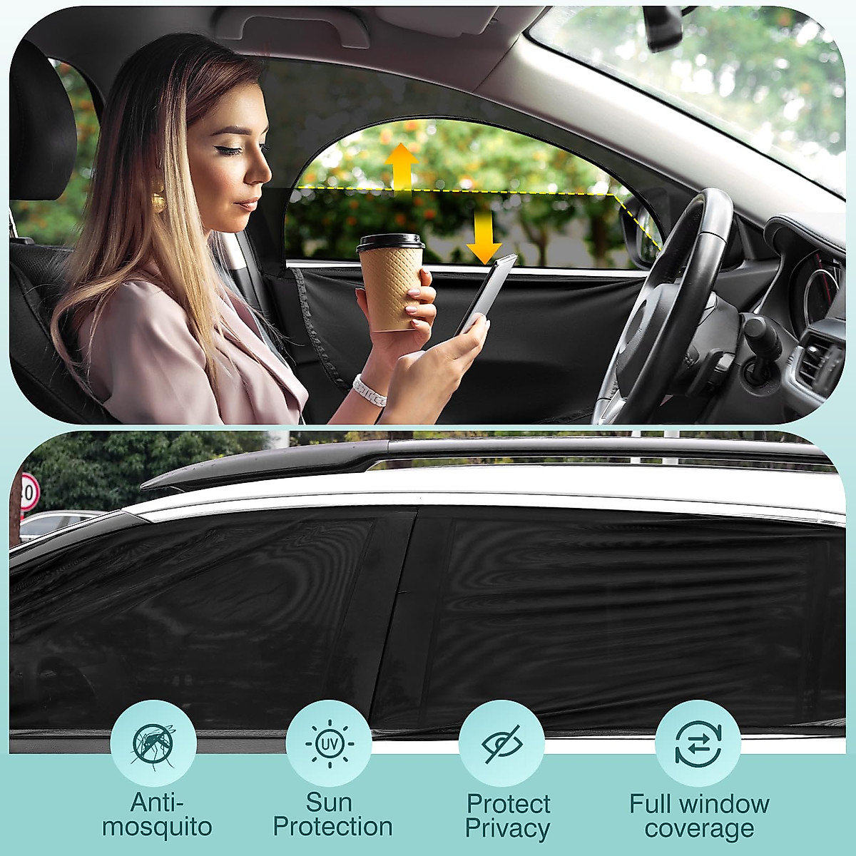 Ovege Car Window Shades 2pcs-Side Window Sun Shade Breathable Mesh-Zipper Car Window Cover Car Window Screens for Car Camping Privacy Universal Fit for Most(95%) of Car Shades for Front Windows