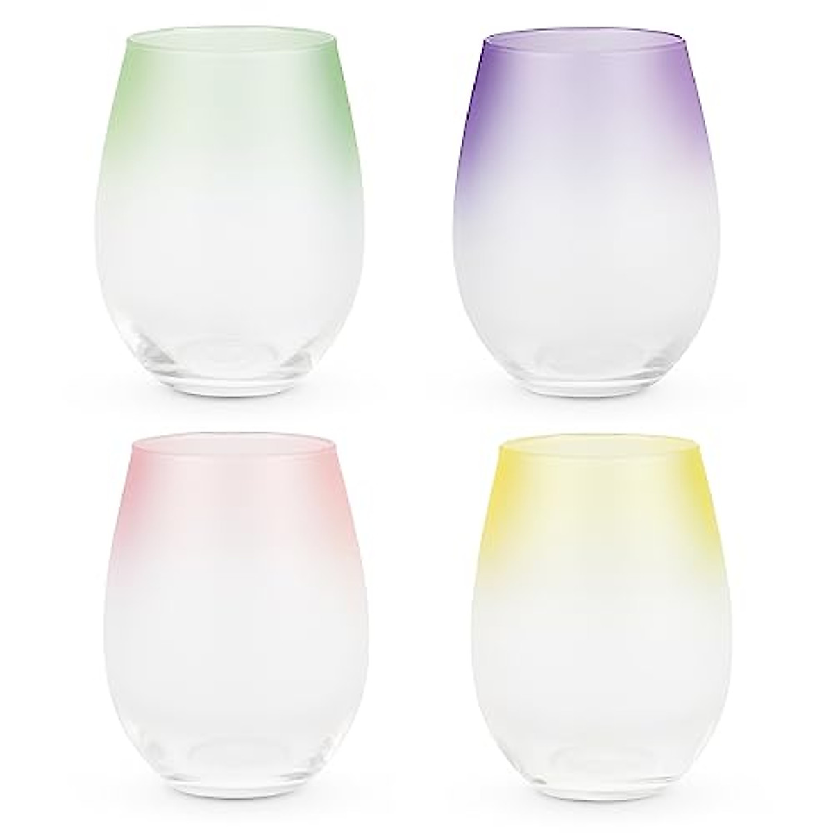 Blush Frosted Ombre Stemless Wine Glasses in Pink, Purple, Yellow, and Green, Colorful 12 Oz Set of 4