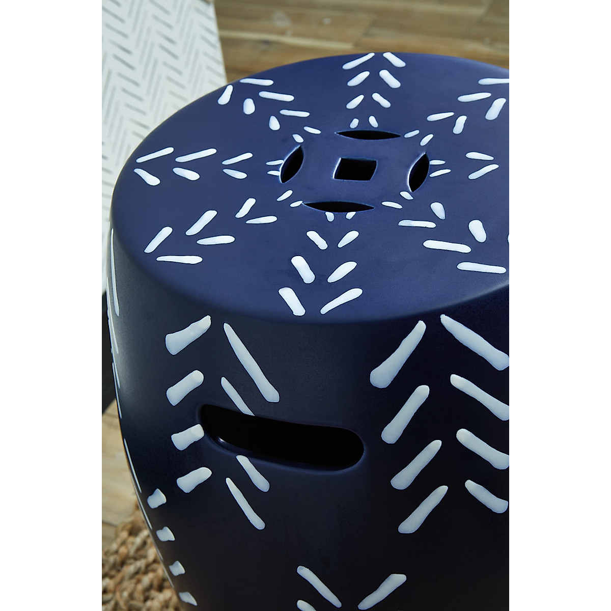 Signature Design by Ashley Genemore Contemporary Geometric Indoor & Outdoor Accent Stool, Blue & White