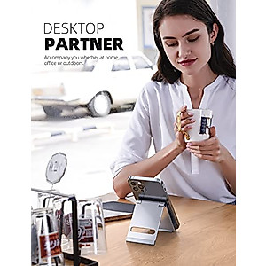 Lamicall Portable Cell Phone Stand - Aluminum Foldable Phone Stand for Desk, Small Pocket Travel Design, Adjustable Mobile Phone Holder for 4-7.2" Cellphone - Sliver