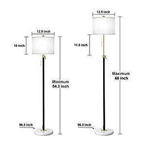 Floor Lamp for Living Room Adjustable Tall Standing Lamp, 3-Way Dimmable Floor Lamp for Bedroom Office, Black Gold Lamp with Marble Base and White Linen Shade, 6W 3000K LED Blub Included