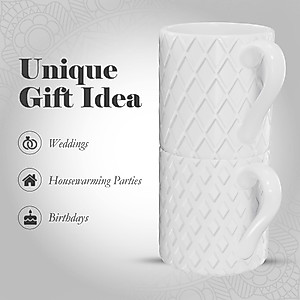 American Atelier Ceramic Mini Espresso Cups Set of 4, 3oz - Stackable Tiny Mugs for Small Shots of Coffee with Metal Stand - Use Demitasse Espresso Mug Racks for Any Kitchen or Café (Embossed)