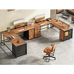SEDETA L Shaped Desk, 63" Computer Desk with 5 Drawer & Power Outlet, Long Home Office Desk or Corner Desk, L Shaped Corner Desk with Monitor Shelf, Storage Cabinet, Rustic Brown