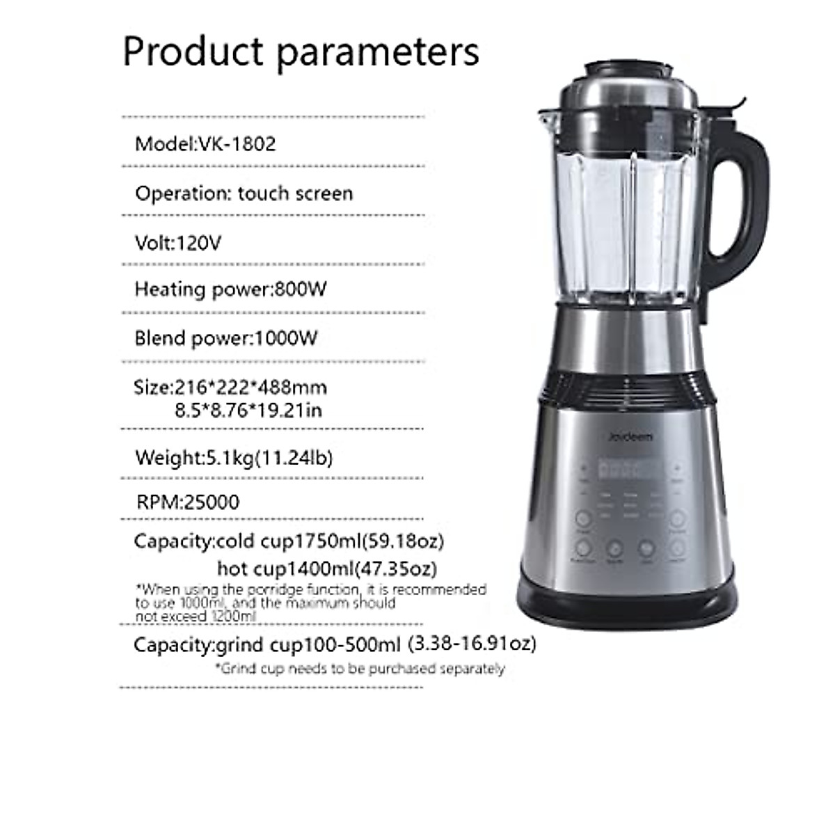 Joydeem Countertop Blender VK-1802, Cooking Blender for Soy Milk Soup Porridge and Milkshake, Juicer with Vacuum Pump, Support Pre-set & Keep Warm, 59Oz,1000W, Black