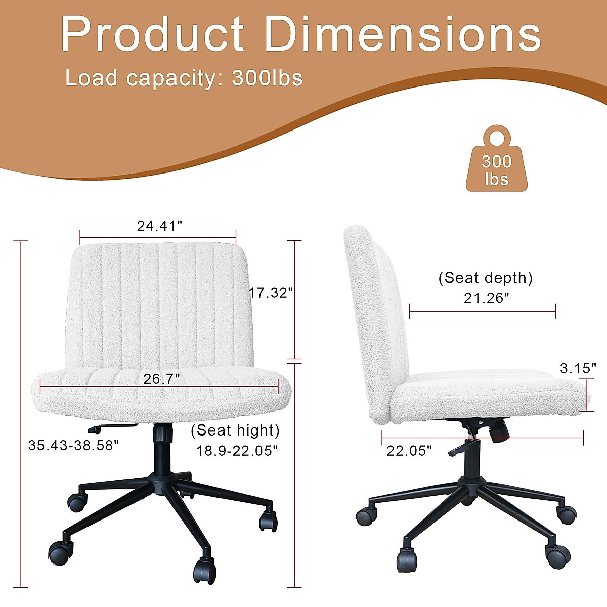 Kadunmina Armless Office Desk Chair with Wheels, Modern Swivel Computer Task Chair Comfortable Adjustable Wide Seat Vanity Chair for Home, Bedroom, Make Up(White)