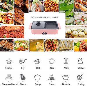 Hot Pot with Grill, Electric Hot Pot and Frying Pan, Shabu Shabu Pot with Grill, 2 in 1 Indoor NonStick Shabu Shabu Pot and Griddle, Dual Temperature Control, Fast Heating for BBQ Steaks Noodles(Pink)