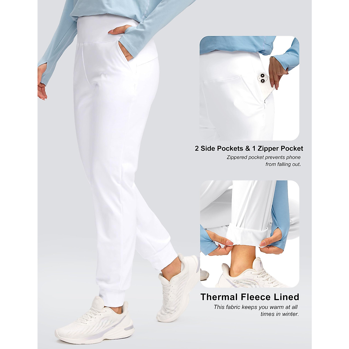 SANTINY Women's Fleece Lined Joggers Water Resistant High Waisted Thermal Sweatpants Winter Pants Hiking Running Pockets(White_M)