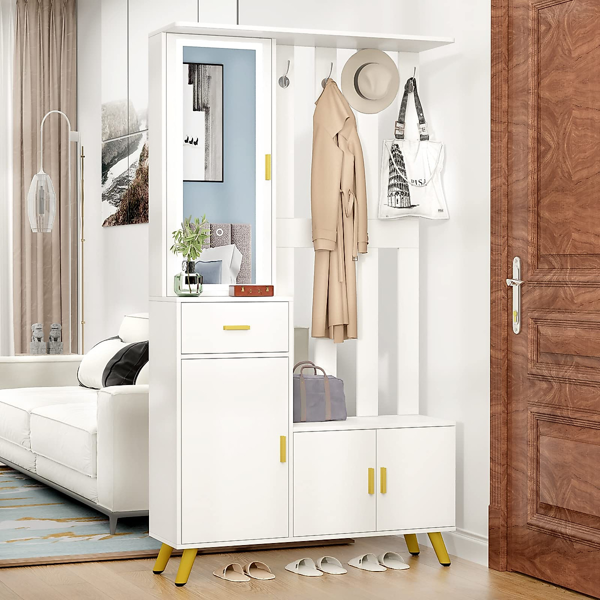 PAKASEPT Hall Tree with Bench and Shoe Storage, Farmhouse Entryway Bench with Coat Rack, Multi-Purpose Home Organizer, Sliding Barn Doors, Entryway Solution with Seating and Hooks