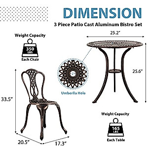 JOIVI 3 Piece Patio Bistro Set, Cast Aluminum Outdoor Conversation Set, Garden Table and Chairs with Umbrella Hole for Backyard, Lattice Design Antique Bronze