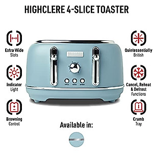 Haden 75026 Highclere Innovative 4 Slice Retro Vintage Countertop Wide Slot Toaster Kitchen Appliance with Self Centering Function, Pool Blue