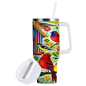 RPLIFE Colorful Birds 40 Oz Tumbler with Handle, Stainless Steel Cup, Insulated Water Bottle with Straw