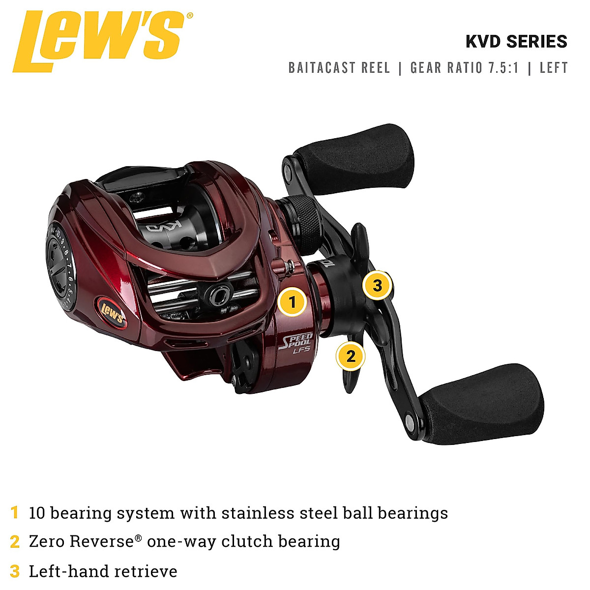 Lew's KVD Baitcast Fishing Reel, Left-Hand Retrieve, 7.5:1 Gear Ratio, 10 Bearing System with Stainless Steel Double Shielded Ball Bearings