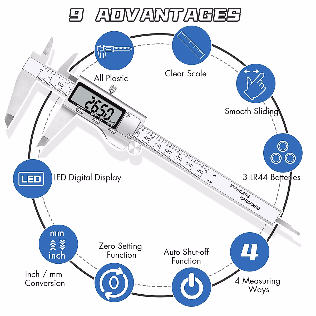 Simhevn Digital Caliper Measuring Tool, Stainless Steel Vernier Caliper Digital Micrometer with Large LCD Screen, Easy Switch from Inch Metric Fraction, 6 Inch/150mm Caliper Tool for DIY/Household