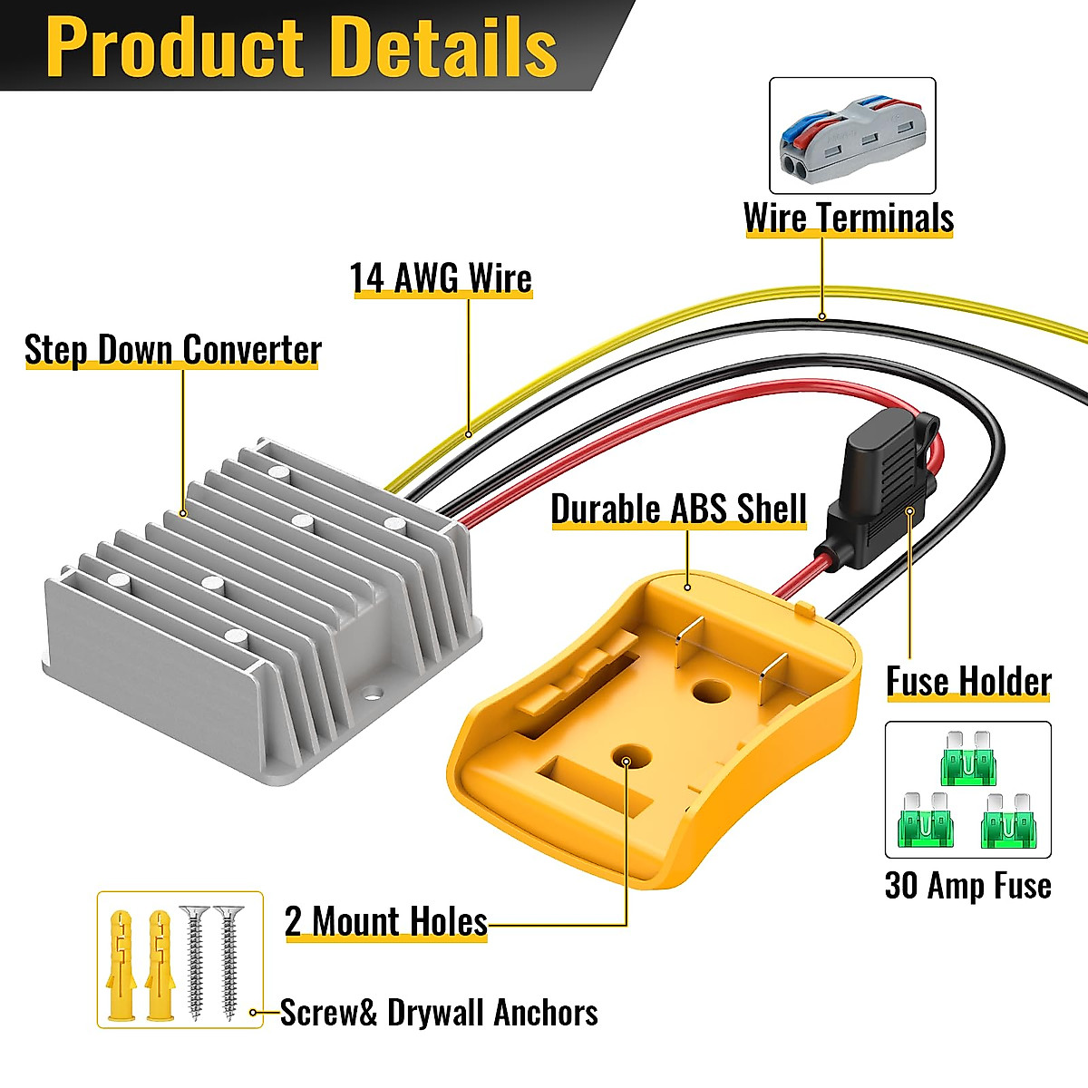 20V to 12V Step Down Converter for DeWalt 20V Power Wheels Battery Adapter, DC 12V 20A 240W Buck Converter Regulator with 30A Fuse & Wire Terminal