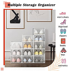 Stackable Shoe Storage Boxes, WAYTRIM 12 Pack Shoe Organizer for Closet Shoe Boxes Clear Plastic Stackable Shoe Bins Space Saving Sneaker Storage Boxes Drop Front Shoe Container Bins Fit to Size 10 - Clear White