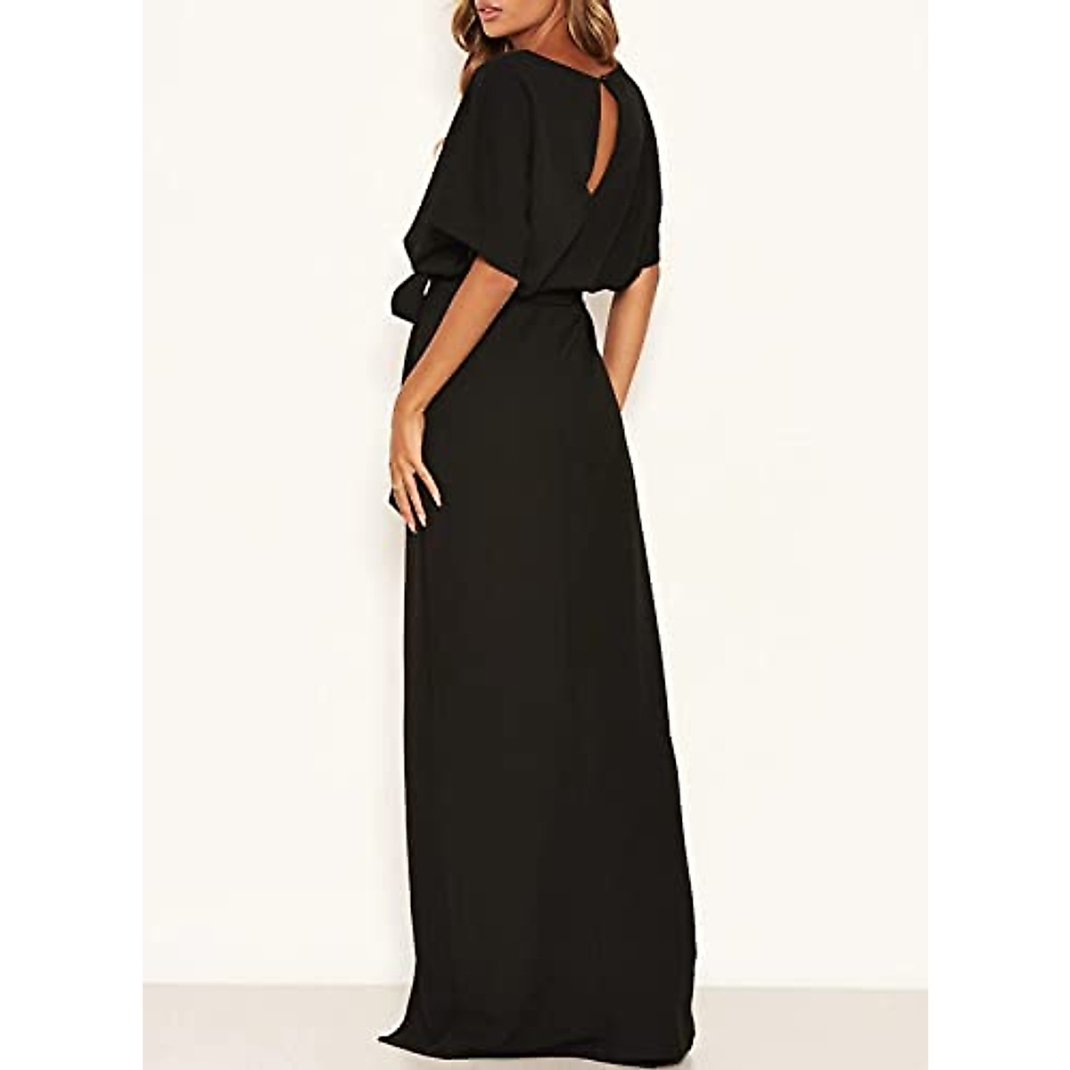 Happy Sailed Womens Batwing Sleeve Tie Waist Long Maxi Dress Side Split Formal Party Dresses Evening Gown Black X-Large
