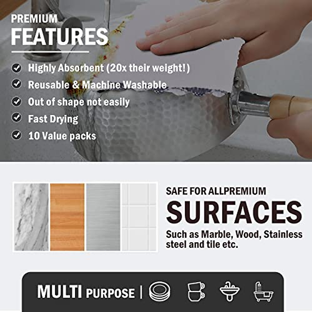 SWEET DOLPHIN Kitchen Dishcloths Dish Towels Rayon Made from Bamboo, Super Absorbent Cleaning Cloths, 7 x 9 Inch, 10 Pack, White