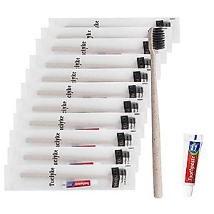 Tuciyke Disposable Toothbrush with Toothpaste Set Pack of 50,Straw Apricot Individually Wrapped Manual Travel Toothbrush Kit in Bulk Toiletries for Adults,Kids,Hotel,Homeless,Nursing Home,Charity