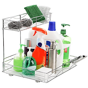 Elsjoy Under Sink Pull Out Sliding Shelf, 2 Tier Cabinet Storage Organizer Slide Out Drawer Basket with EVA Liner Pads for Kitchen, Bathroom, Request at Least 13.5" Cabinet Opening