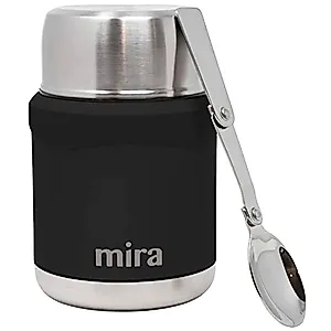 MIRA Thermos for Hot Food & Soup - 15 oz Insulated Food Jar with Foldable Spoon - Leak Proof Stainless Steel Thermal Storage Lunch Container, Canteen, Double Walled, Black