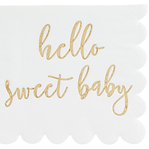 Juvale 50 Pack White Scalloped Baby Shower Napkins for Girls and Boys, Gold Foil Hello Sweet Baby Decorations (5 x 5 In)