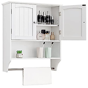 Iwell Wall Bathroom Cabinet with 2 Shelf & Towels Bar, Medicine Cabinet with 2 Doors for Bathroom, Wall Mount Bathroom Cabinet, Over The Toilet Space Saver Storage Cabinet, White