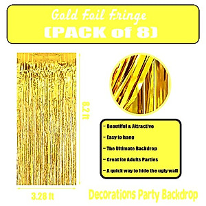 8 Pack Gold Tinsel Foil Fringe Curtain Backdrop, 3.28Ft x 8.2Ft Metallic Streamers for Photo Booth Birthday Wedding Bridal Shower Bachelorette New Year Party Thanksgiving Christmas Decorations